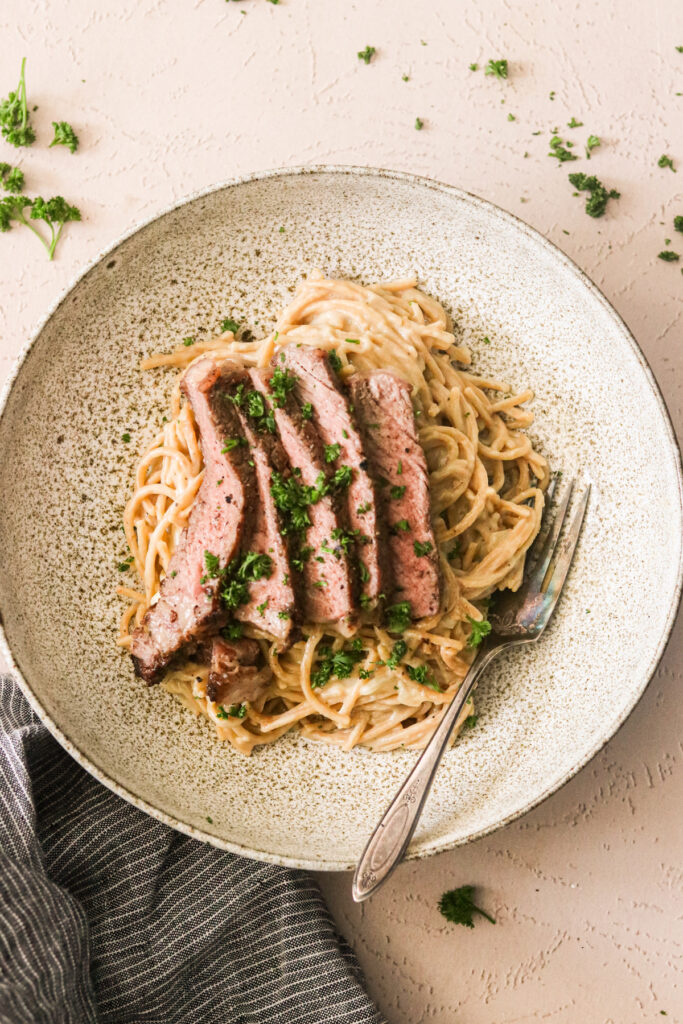 Creamy Steak Pasta with Dairy Free Alfredo Sauce